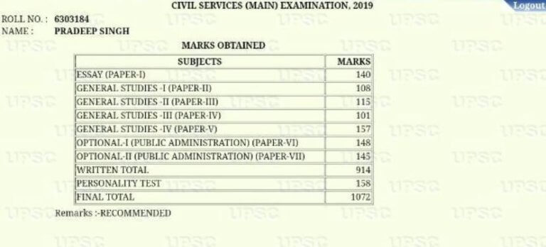Marksheet of Pradeep Singh: UPSC CSE 2019 Rank 1 - VISION Marksheet of Pradeep Singh: UPSC CSE 2019 Rank 1 - VISION